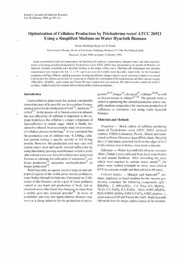 Pdf Optimization Of Cellulase Production By Trichoderma Reesei A Tcc 26921 Using A Simplified