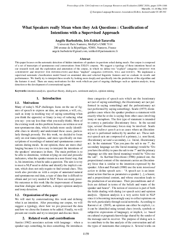 (PDF) What Speakers really Mean when they Ask Questions: Classification of Intentions with a ...