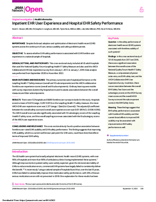(PDF) Inpatient EHR User Experience and Hospital EHR Safety Performance