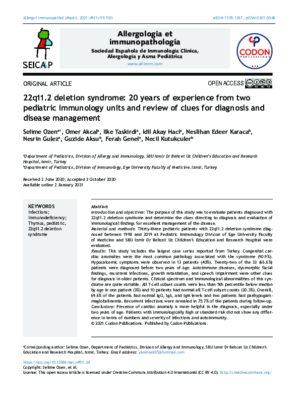 (PDF) 22Q11.2 Deletion Syndrome: 20 Years of Experience from Two Pediatric Immunology Units and ...