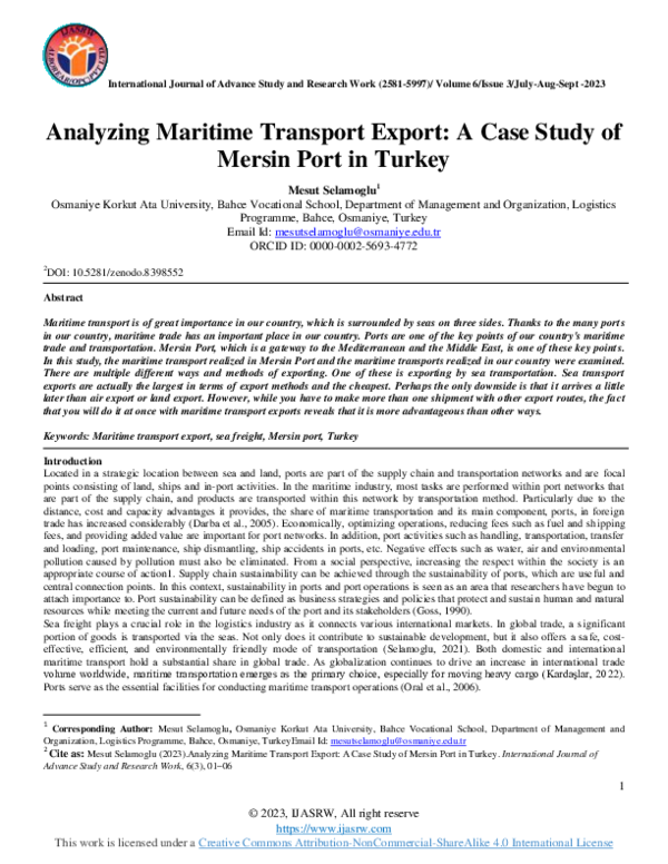 (PDF) Analyzing Maritime Transport Export: A Case Study of Mersin Port ...