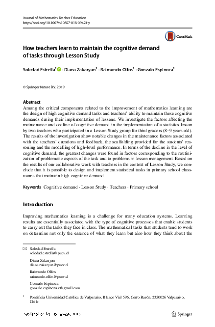 (PDF) How teachers learn to maintain the cognitive demand of tasks ...