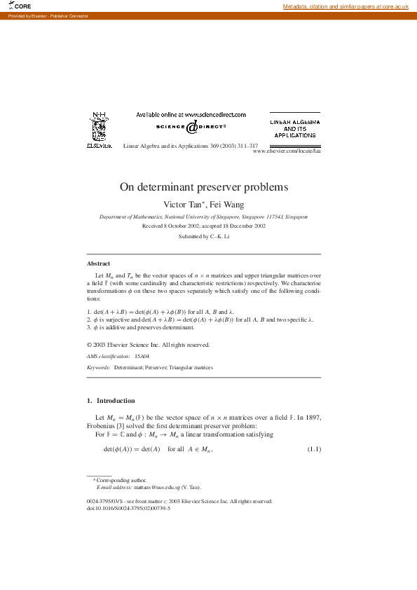 (PDF) On determinant preserver problems
