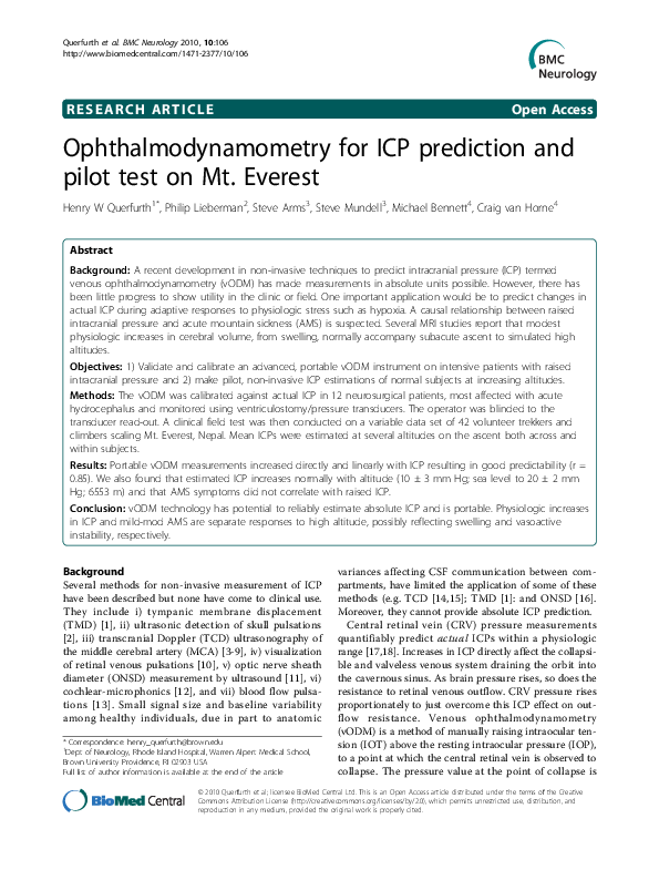 (PDF) Ophthalmodynamometry for ICP prediction and pilot test on Mt. Everest