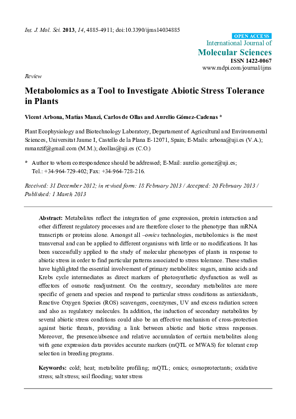 (PDF) Metabolomics as a Tool to Investigate Abiotic Stress Tolerance in Plants