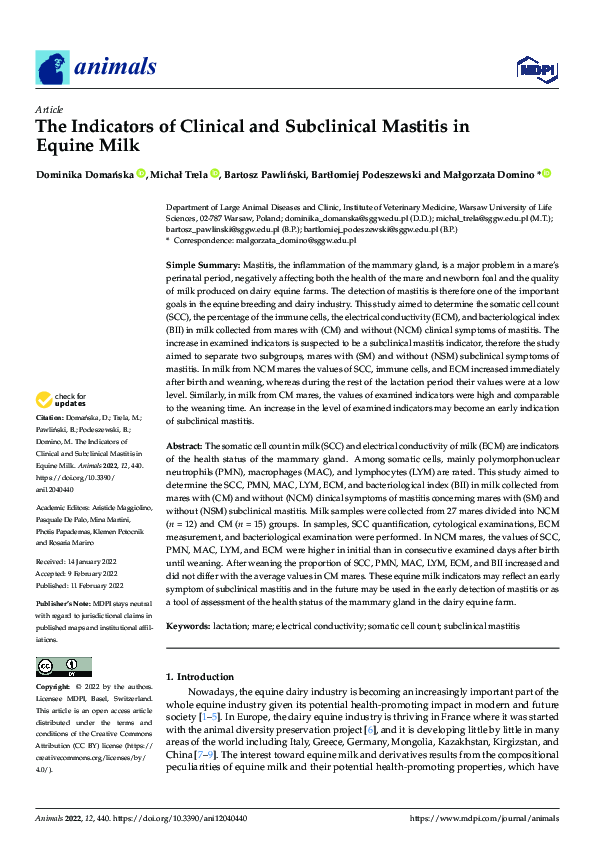 (PDF) The Indicators of Clinical and Subclinical Mastitis in Equine Milk