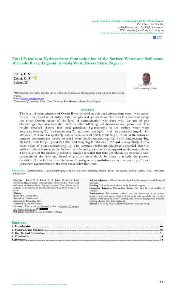 (PDF) Total Petroleum Hydrocarbons Contamination of the Surface Water ...
