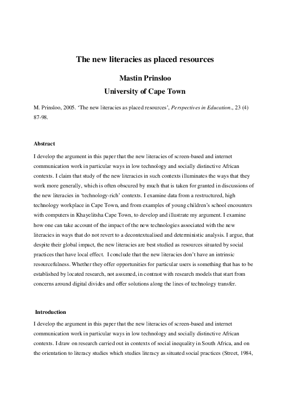 (PDF) The new literacies as placed resources