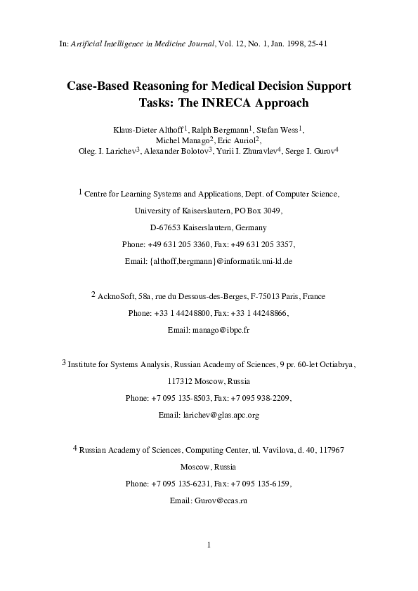 (PDF) Case-based reasoning for medical decision support tasks: The Inreca approach