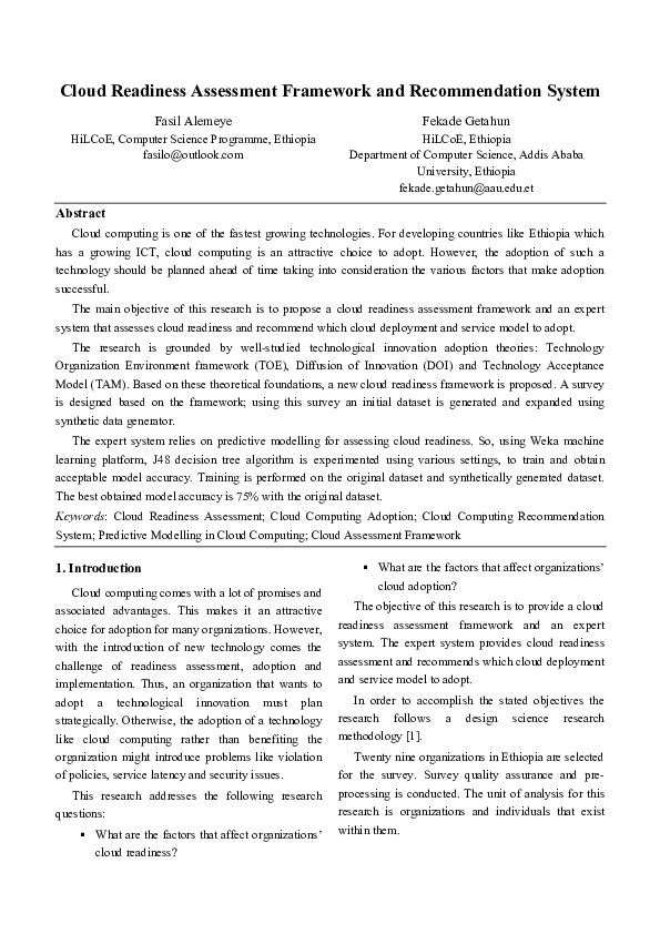 (PDF) Cloud readiness assessment framework and recommendation system