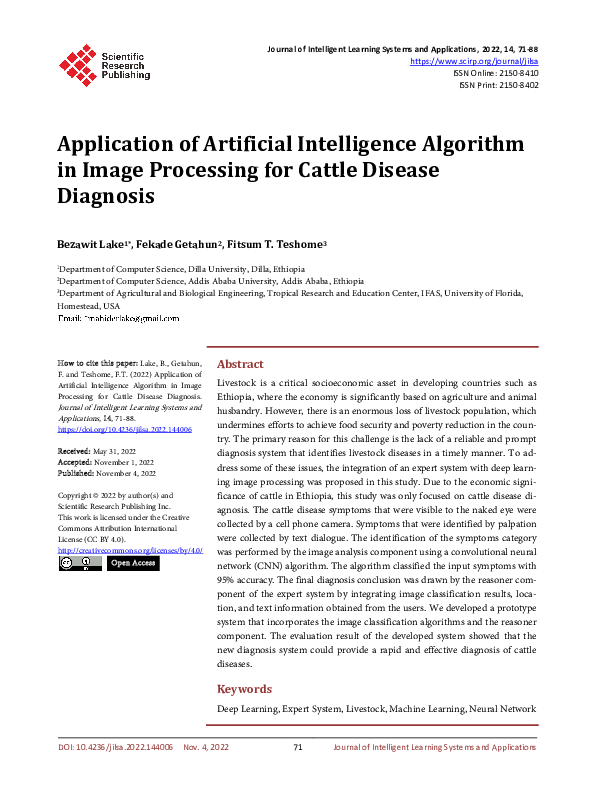 (PDF) Application of Artificial Intelligence Algorithm in Image Processing for Cattle Disease ...