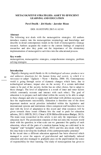(PDF) Metacognitive Strategies: Asset to Efficient Learning and Education