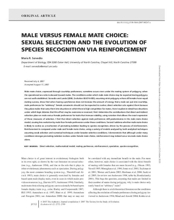 (PDF) Male Versus Female Mate Choice: Sexual Selection and the ...