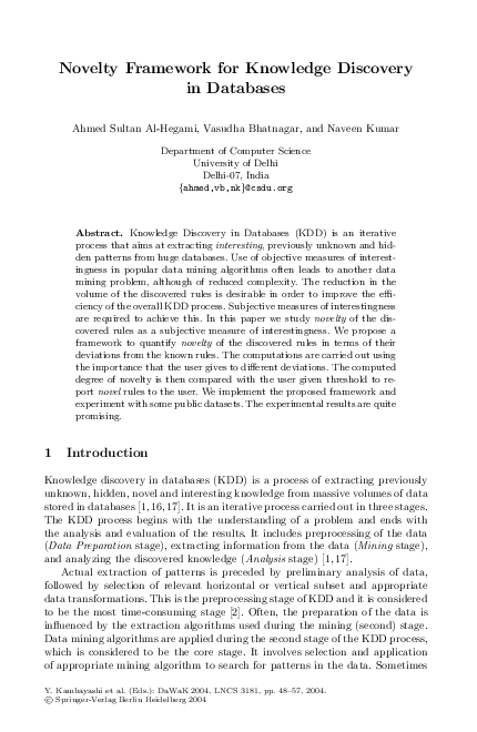 (PDF) Novelty Framework for Knowledge Discovery in Databases | Ahmed Al-Hegami - Academia.edu
