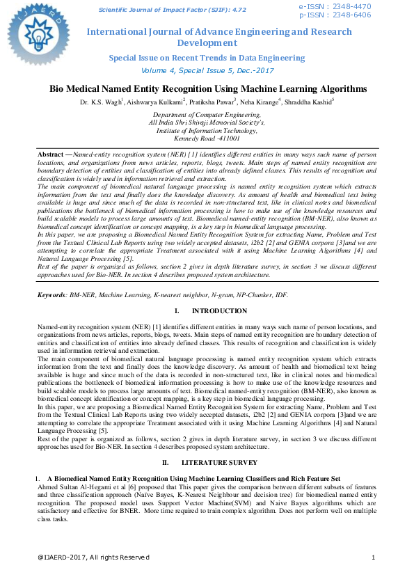 Pdf Bio Medical Named Entity Recognition Using Machine Learning Algorithms