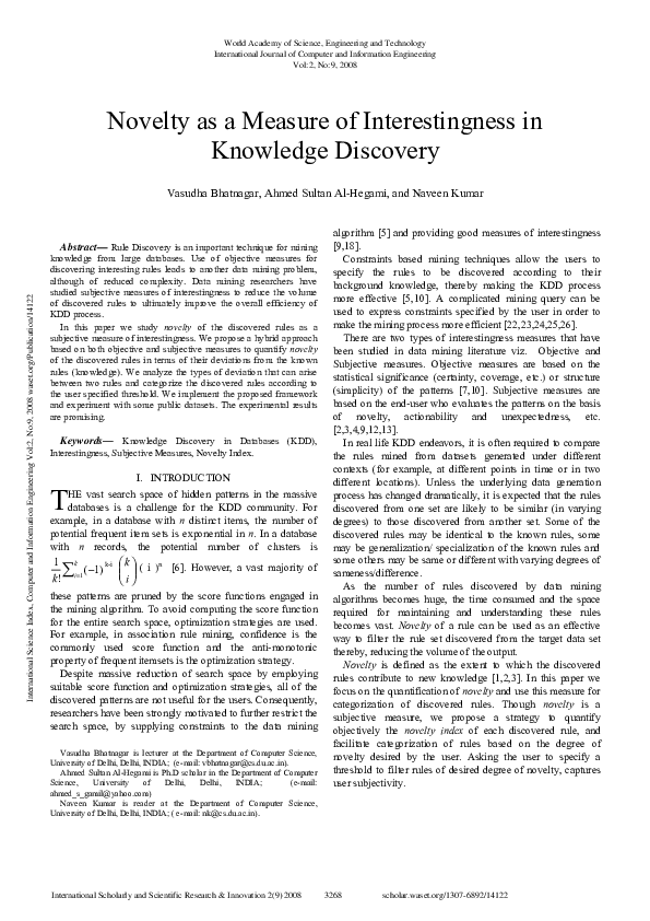 (PDF) Novelty As A Measure Of Interestingness In Knowledge Discovery