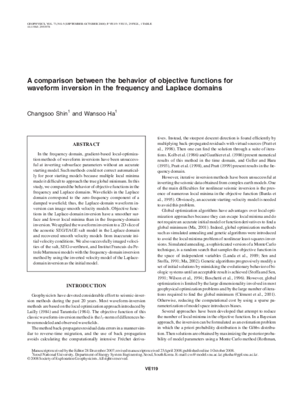 (PDF) A comparison between the behavior of objective functions for waveform inversion in the ...