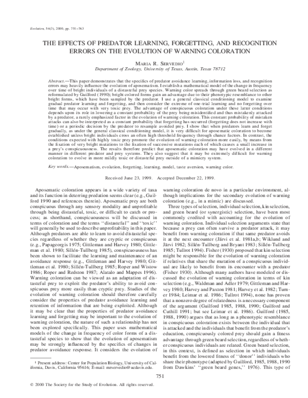 (PDF) The Effects of Predator Learning, Forgetting, and Recognition Errors on the Evolution of ...