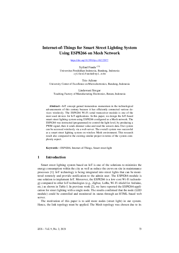 (PDF) Internet-of-Things for Smart Street Lighting System using ESP8266 on Mesh Network