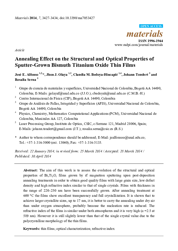 (PDF) Article Annealing Effect on the Structural and Optical Properties of Sputter-Grown Bismuth ...