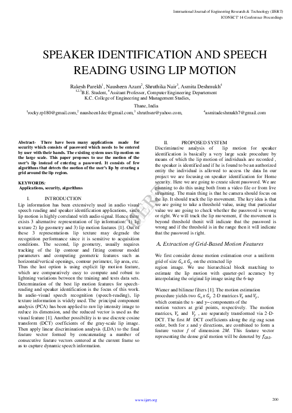 (PDF) Speaker Identification and Speech Reading Using Lip Motion