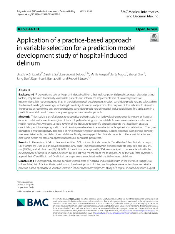 Pdf Application Of A Practice Based Approach In Variable Selection For A Prediction Model