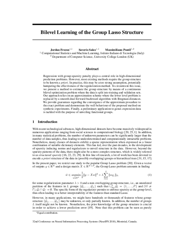 (PDF) Bilevel learning of the Group Lasso structure