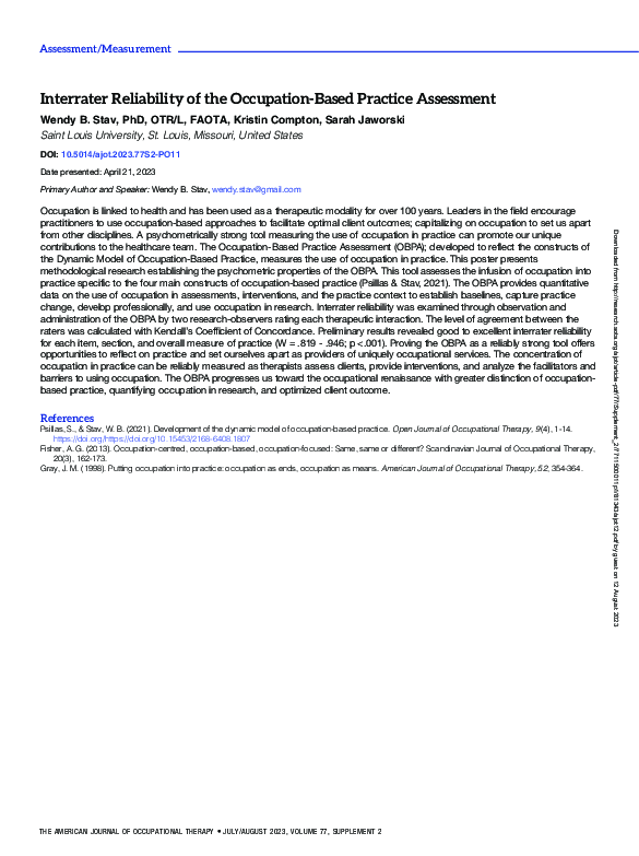 (PDF) Interrater Reliability of the Occupation-Based Practice Assessment