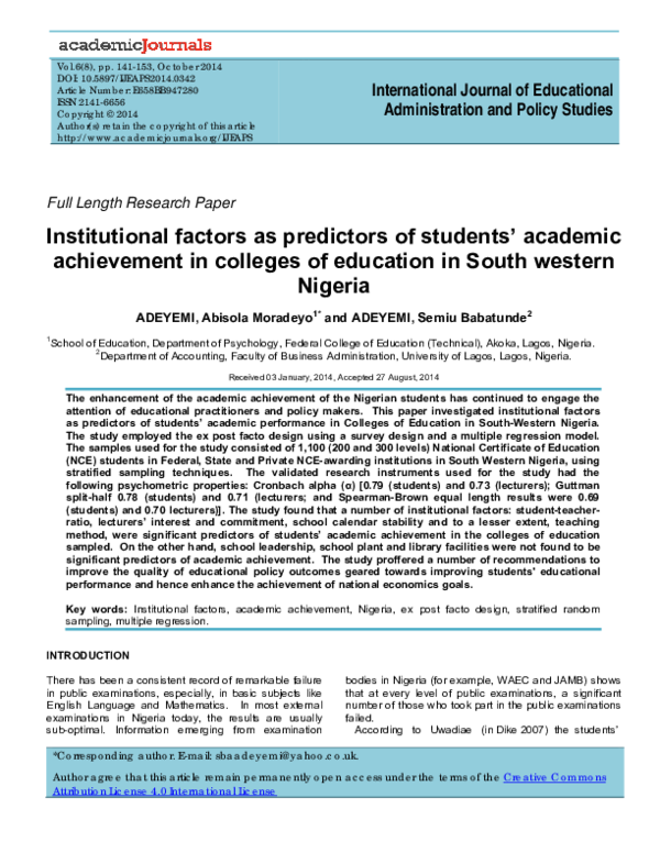 (PDF) Institutional factors as predictors of students academic ...