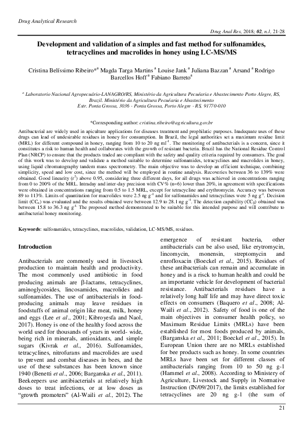 Pdf Development And Validation Of A Simple And Fast Method For Sulfonamides Tetracyclines And