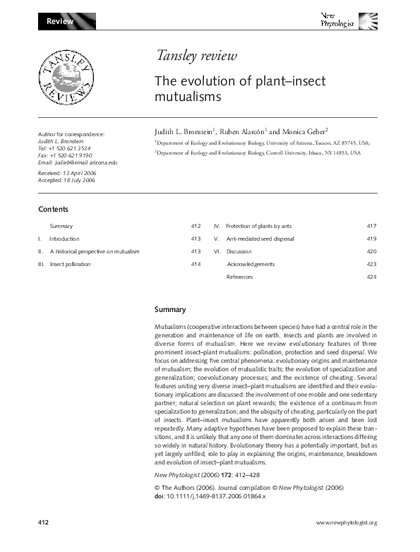 (PDF) The evolution of plant–insect mutualisms
