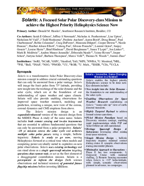 (PDF) Solaris: A Focused Solar Polar Discovery-class Mission to achieve ...