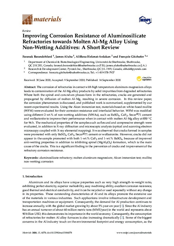 (PDF) Improving Corrosion Resistance of Aluminosilicate Refractories towards Molten Al-Mg Alloy ...