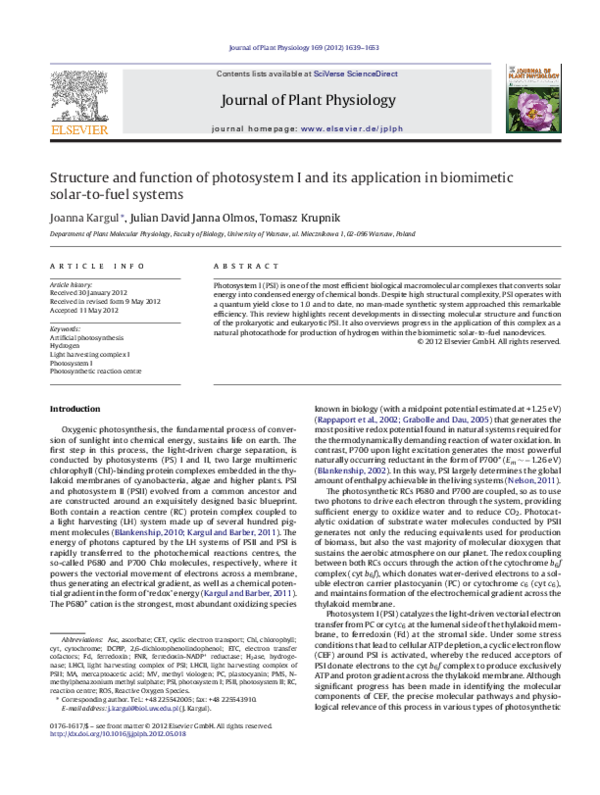 (PDF) Structure and function of photosystem I and its application in ...