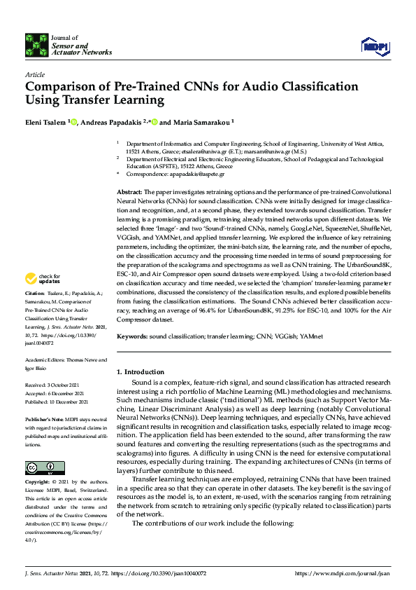 (PDF) Comparison of Pre-Trained CNNs for Audio Classification Using Transfer Learning | eleni ...