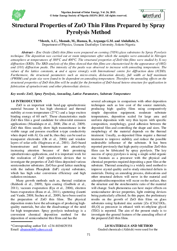 (PDF) Structural Properties of ZnO Thin Films Prepared by Spray Pyrolysis Method