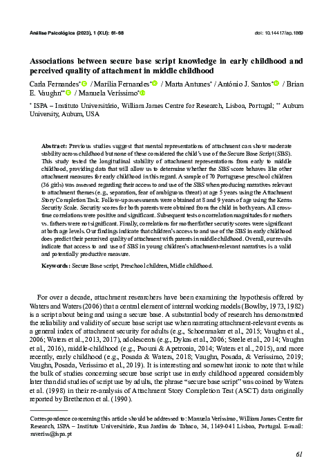 (PDF) Associations between secure base script knowledge in early childhood and perceived quality ...