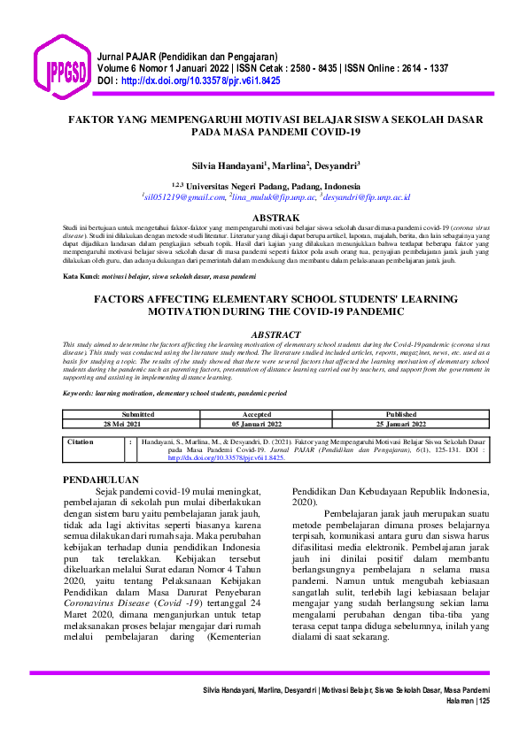 (PDF) FAKTOR YANG MEMPENGARUHI MOTIVASI BELAJAR SISWA SEKOLAH DASAR PADA MASA PANDEMI COVID-19