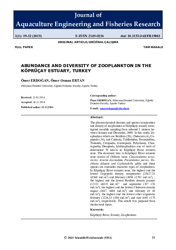 (PDF) Abundance and Diversity of Zooplankton in the Köprüçay Estuary ...