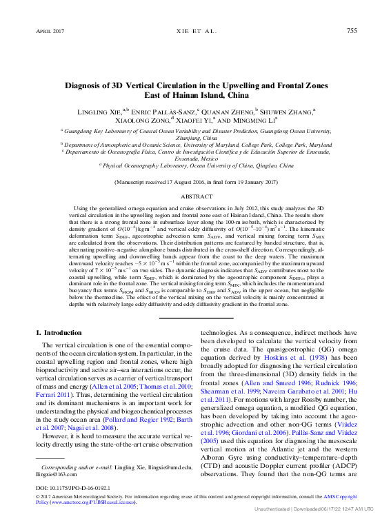 (PDF) Diagnosis of 3D Vertical Circulation in the Upwelling and Frontal Zones East of Hainan ...