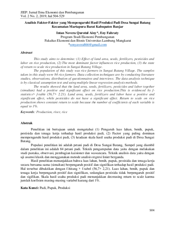 (PDF) Analisis Faktor-Faktor Yang Mempengaruhi Hasil Produksi Padi Desa Sungai Batang Kecamatan ...