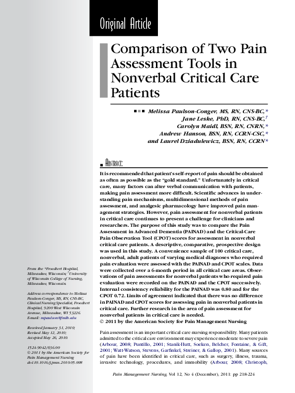 (PDF) Comparison of Two Pain Assessment Tools in Nonverbal Critical ...