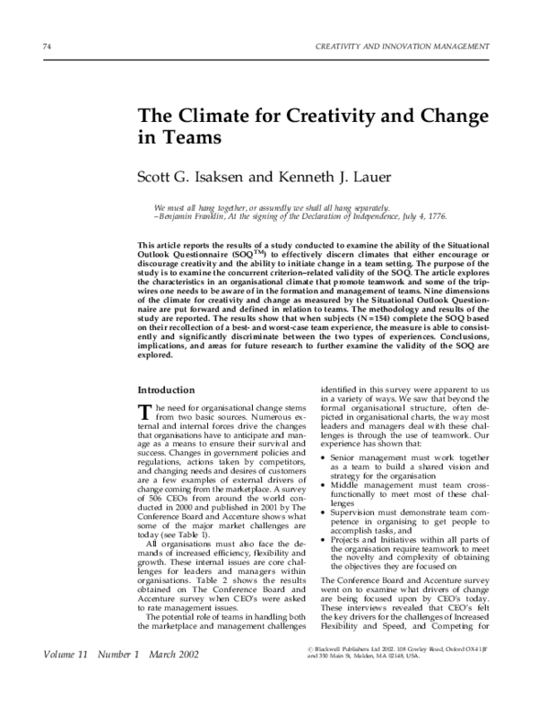 (PDF) The Climate for Creativity and Change in Teams