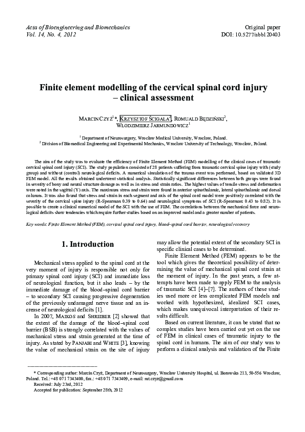 (PDF) Finite element modelling of the cervical spinal cord injury - clinical assessment