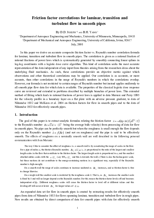 (PDF) Friction factor correlations for laminar, transition and turbulent flow in smooth pipes
