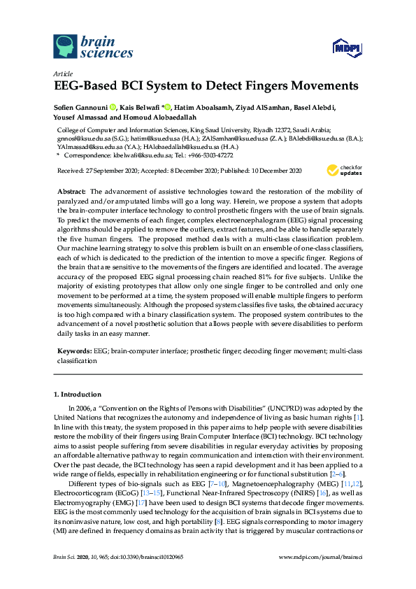 Pdf Eeg Based Bci System To Detect Fingers Movements