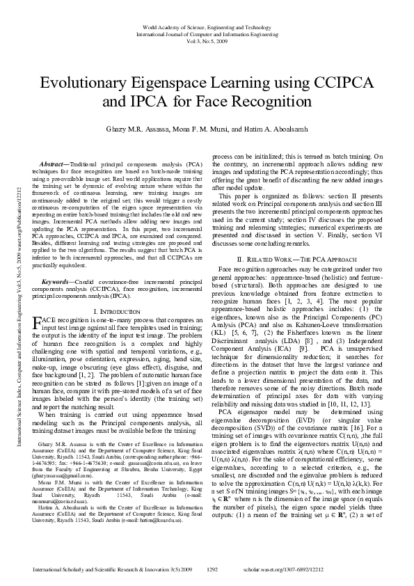 (PDF) Evolutionary Eigenspace Learning Using Ccipca And Ipca For Face Recognition | Hatim ...