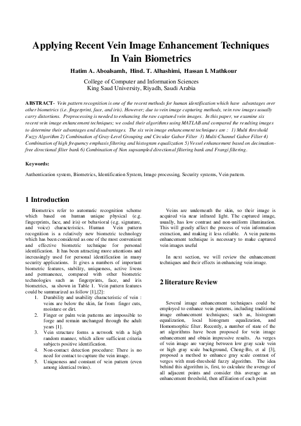 (PDF) Applying Recent Vein Image Enhancement Techniques In Vain Biometrics