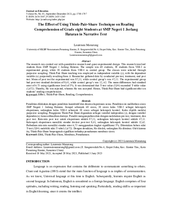 (PDF) The Effect of Using Think-Pair-Share Technique on Reading Comprehension of Grade eight ...