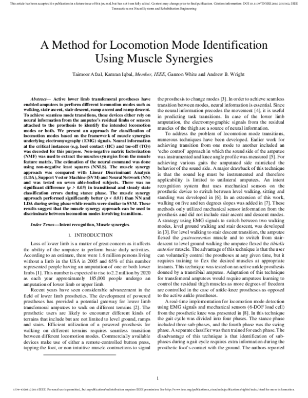 Pdf A Method For Locomotion Mode Identification Using Muscle Synergies Taimoor Afzal 7485